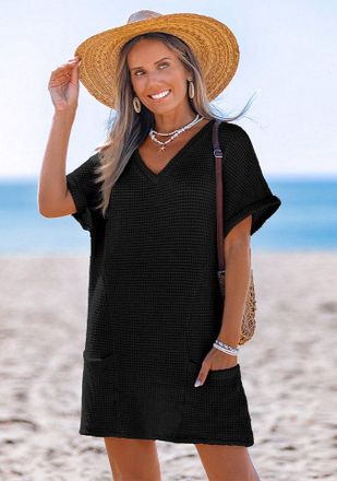 Cupshe Strandkleid Schwarzes Waffelkleid mit V-Ausschnitt und Taschen