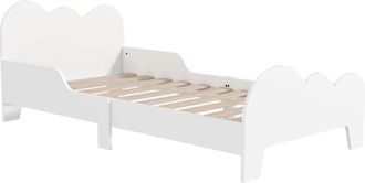 HOMCOM Lit enfant lit au sol enfant 70x140 cm avec barri&egrave;re de s&eacute;curit&eacute;, sommier &agrave; lattes inclus et d&eacute;corations de nuage, blanc-Blanc