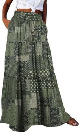 Generic Jupe dété pour Femme - Taille Haute élastique - Style bohème - Ourlet froncé à Volants - Jupe Longue avec Poches - Maxi Jupe Bohême - Style bohème déc