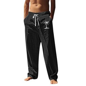 Generic Pantalon de plage pour homme l&eacute;ger et ample en lin imprim&eacute; cocotier pantalon d&eacute;contract&eacute; pantalon de vacances pantalon de vacances pantalon ample pour