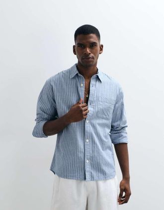 Abercrombie & Fitch Kurz&auml;rmliges Hemd aus Seersucker in Blau gestreift
