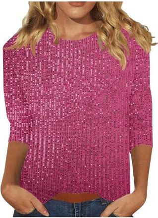 Generico Chemise &eacute;l&eacute;gante pour femme avec paillettes brillantes - Col rond avec fermeture &eacute;clair - Haut pour femme - Pour f&ecirc;te, printemps, vacances, f&ecirc;te, d&eacute;co