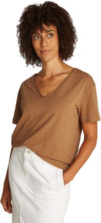 Tommy Hilfiger Damen T-Shirt Kurzarm mit V-Ausschnitt, Beige (Safari Canvas), L
