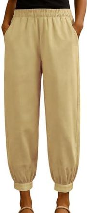 Generic Pantalon en coton et lin pour femme | Jambe large - Pantalon d&eacute;contract&eacute; &agrave; taille &eacute;lastique avec poches | Pour un usage quotidien, jaune, 3XL