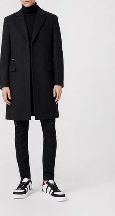 Philipp Plein Manteau droit en laine avec broderie t&ecirc;te de mort et cristaux