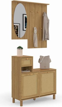 IDMarket Vestiaire dentrée avec miroir hanae effet naturel cannage