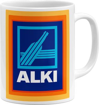 OM3 Alki Parodie Tasse f&uuml;r Alkohol Liebhaber Saufparty - Keramik Becher - 11oz 325ml - Beidseitig Bedruckt - Weiss
