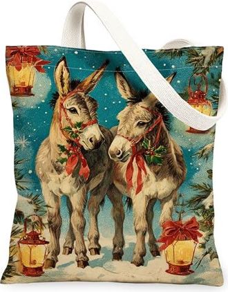 Generic Sac fourre-tout en toile motif &acirc;ne de No&euml;l r&eacute;utilisable, vintage, l&eacute;ger et lavable, pour lext&eacute;rieur, Multicolore, 13x15 Inch