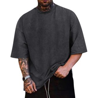 Minetom Herren Sommer T-Shirt Oversize Fit Kurzarm Oberteil Mit Rundhals Retro Washed Weit Geschnittenes Tee Einfarbig Basic Shirt T Shirts M&auml;nner Longshirt A