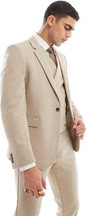 Asos Zweireihige, schmal geschnittene Anzugjacke mit Wollanteil mit Gerstenkornbindung in Camel-Neutral