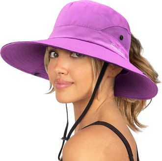 Dreshow Damen Sonnenhut Outdoor UV-Schutz Hut faltbar Mesh breite Krempe Angeln Pferdeschwanz Strand Eimer H&uuml;te