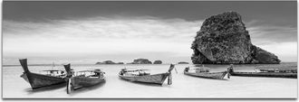 Paul Sinus Art Leinwandfoto als Panorama SCHWARZ/WEISS 120x40cm Thailand Fels Strand Meer Boote