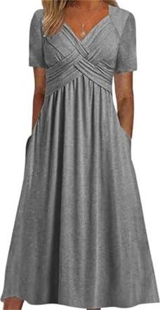 Generic Robe d&eacute;t&eacute; &agrave; manches courtes avec col en V et manches courtes crois&eacute;es sur le devant pour femme - Robe d&eacute;t&eacute; fluide avec poches, gris, 4XL