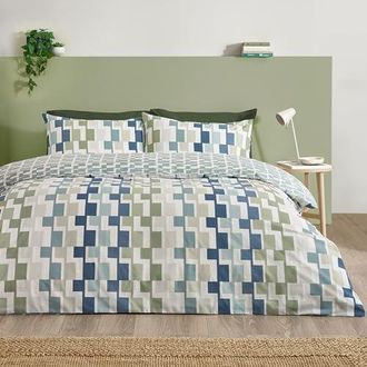 Catherine Lansfield Bryson Geo Wende-Bettw&auml;sche-Set f&uuml;r Doppelbett mit Kissenbez&uuml;gen, Blau