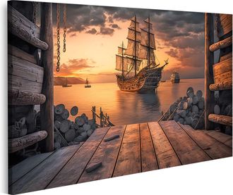 Islandburner Bild auf Leinwand Piratenschiff im Hafen mit Blick auf alte Segelschiffe Meer Sonnenuntergang Bilder Wandbilder Poster IXXG-1P