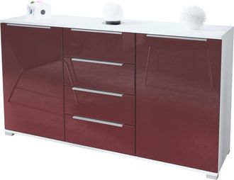Vladon Sideboard Linio V1, Anrichte mit 2 Türen und 4 Schubladen, Weiß matt/Bordeaux Hochglanz (138,5 x 75,5 x 35 cm)