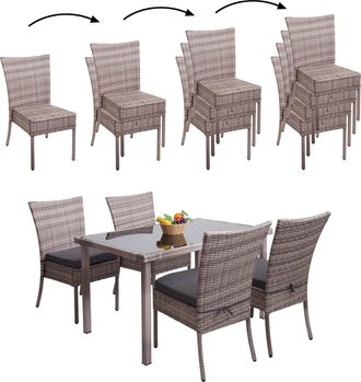 Mendler Poly-Rattan Garnitur HWC-G19, Sitzgruppe Balkon-/Lounge-Set, 4xStuhl+Tisch, 120x75cm - grau-braun, Kissen dunkelgrau