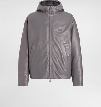 Dolce & Gabbana Wattierte Jacke Aus Leder Mit Kapuze Mit Plakette - Mann Mäntel Und Jacken Grau 46