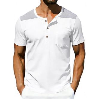 Generic T-shirt &agrave; demi-boutons pour homme &agrave; manches courtes et col rond, pull en patchwork tendance avec poche de poitrine, confortable et doux, &eacute;vacuation de