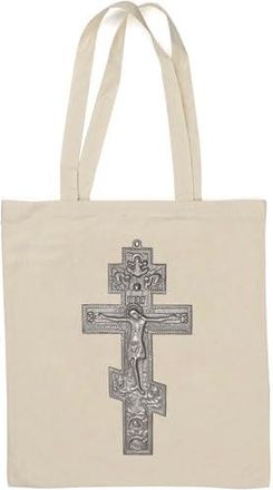Generic Sac fourre-tout en coton naturel avec croix chrétienne orthodoxe orientale Blanc