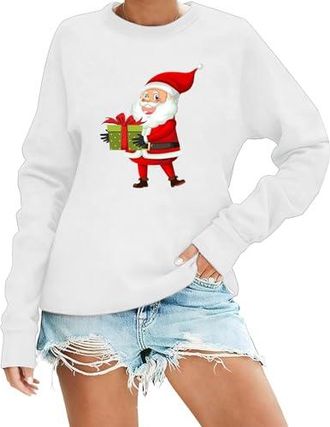 Generic Sweat-shirt de Noël pour femme - Pull de Noël moche amusant à col rond - Pull décontracté à manches longues - Imprimé Père Noël mignon - Chemisier pou