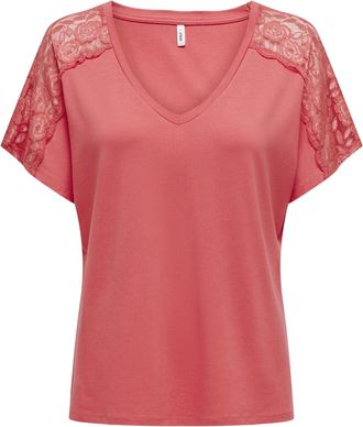 Only Damen ONLMOSTER S/S V-Neck LACE TOP JRS T-Shirt, Rose of Sharon, Large