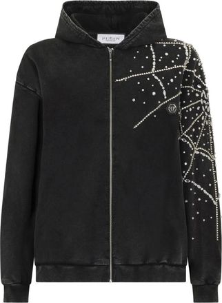 Philipp Plein Femme, Sweatshirts et sweats &agrave; capuche, Noir, Taille: 42 FR Washed Zip Sweat &agrave; capuche Spiderweb Strass