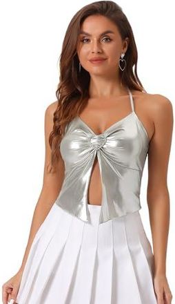 Allegra K Débardeur Métallique Femme Haut sans Manches Brillant à Bretelles Spaghetti Caraco Col Licou Clubwear Haut de Soirée Costume dhalloween Argent XL