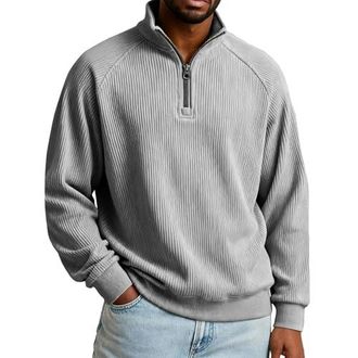Generic Pull à quart de fermeture éclair pour homme en velours côtelé texturé à rayures - Pull à manches longues - Col à revers - Fermeture éclair 1/4 - Pull 
