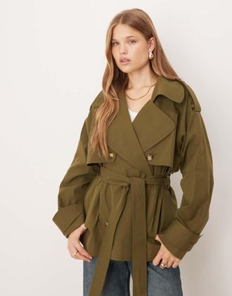 Asos Kurzer Oversize-Trenchcoat in Olivgrün mit Gürtel