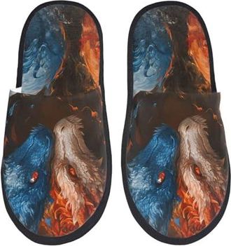 Generic Homme Femme Chaussons Dragon De Feu Rouge Et Bleu Peluche Chaussons Antidérapantes Pantoufles DHiver Adulte House Chaussures Pour Voyages Spa Piscine 