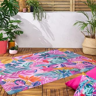 furn. Psychedelic Jungle Teppich - Innen/Au&szlig;en Tropisch Floral Waschbar Wetterbest&auml;ndig Leichtgewicht Teppich (Rose - 120x170cm)