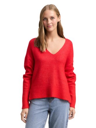 Tom Tailor Damen 1047879 Relaxed Fit Strickpullover mit V-Ausschnitt, 12880-Brilliant Red, XL