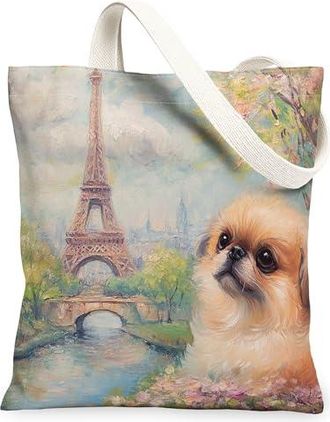 Generic Sac fourre-tout en toile motif chien p&eacute;kinois printanier 33 x 38,1 cm, tour romantique, sac d&eacute;picerie r&eacute;utilisable pour femme, peinture danimaux domes