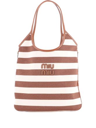 Miu Miu sac cabas Ivy Hobo Bag Striped Canvas Tall - Marron