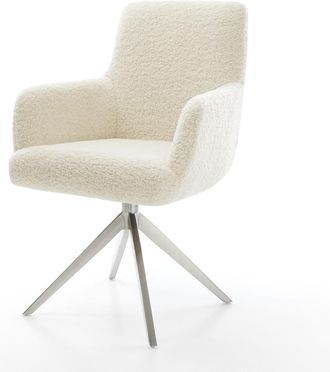 DELIFE Drehstuhl Heira-Flex mit Armlehnen Teddystoff Beige Kreuzgestell breit Edelstahl 360° drehbar Wippfunktion Taschenfederkern, Esszimmerstühle