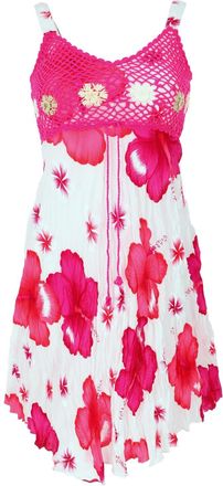Guru Shop Boho Minikleid, Sommerkleid Hawaii, Krinkelkleid - Weiß/Fuchsia, Damen, Synthetisch