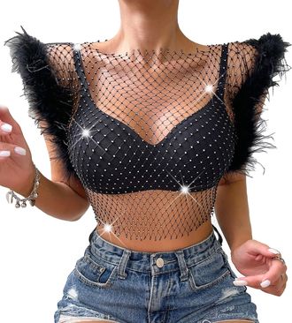 Feoya Damen Fischnetz Strass Crop Top Gl&auml;nzendes Mesh K&ouml;rper Kette Tops Einfarbig Funkelnde Sheer Mesh Bikini Top Diamant Rave Club Festival Outfit schwarz-