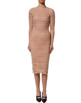 Dolce & Gabbana Womens Beige Cotton Mesh Ruched Sheath Midi Dress Nylon Elastane
