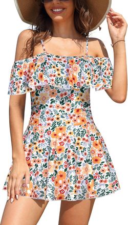 SHEKINI Damen Einteiliger Badeanzug Badekleid R&uuml;ckenfrei Baderock Ruched Bauchweg Bauchkontrolle Damen Strandbadeanzug Bademode Gro&szlig;er Gr&ouml;&szlig;e Schwimmrock(XXL,O