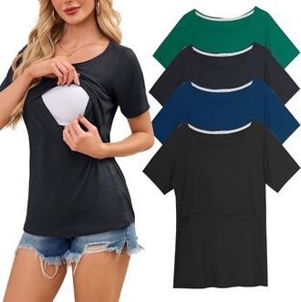 Smallshow Lot de 4 Tee Shirt Allaitement Manches Courtes Haut Allaitement Femme,Black-Deep Green-Deep Grey-Teal,L