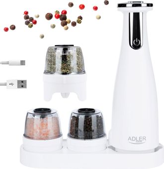 Adler Europe AD 4449W Elektrische Salz- & Pfeffermühle - 3-in-1 Set, Keramikmahlwerk, USB-C, LED, einstellbare Mahlstärke, wiederaufladbar, 1500 mAh Akku, leise & 