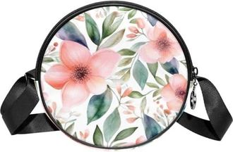 Generic Petit sac &agrave; bandouli&egrave;re circulaire pour femme, motif feuilles florales, sac &agrave; dos avec fermeture &eacute;clair, bretelles r&eacute;glables, sac &agrave; main rond d&eacute;contra