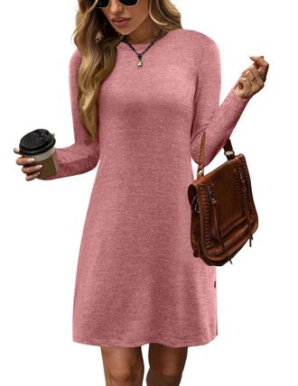 Zeagoo Kleider Damen Langarmkleid Rundhals Strickkleid Herbst Winter Casual D&uuml;nn Kleid Einfarbig Knielang Kleid mit Kn&ouml;pfen Dunkelrot XL