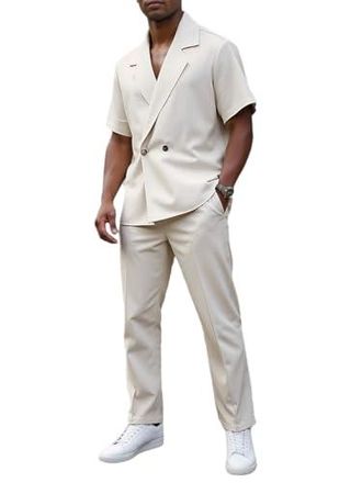 Generic Costume d&eacute;t&eacute; 2 pi&egrave;ces pour homme avec boutons et manches courtes - Blazer et pantalon - Style d&eacute;contract&eacute; - Pour mariage et plage, abricot, XXL