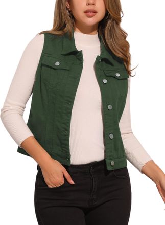 Allegra K Damen Jeansweste &Auml;rmellos Knopfleiste Denim Rever Jacke Westen mit Taschen Dunkelgr&uuml;n XXL
