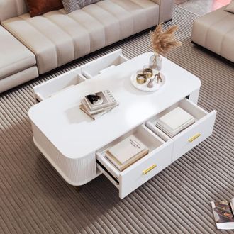 STILVORA Table Basse avec 4 Tiroirs et Coins Arrondis, C&ocirc;t&eacute;s Ondul&eacute;s, Poign&eacute;es et Pieds Dor&eacute;s, en MDF, Blanc, 105&times;51&times;38 cm