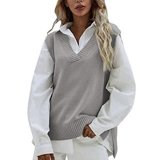 Generic Pull décontracté sans manches avec col en V côtelé pour femme, gris, Taille unique