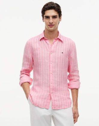 Tommy Hilfiger Chemise coupe classique en pur lin textur&eacute; &agrave; rayures - Rose