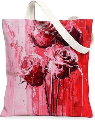 Generic Sac fourre-tout en toile pour la Saint-Valentin - 33 x 38 cm - Peinture &agrave; lhuile - Motif floral rose romantique - R&eacute;utilisable - Pour femme - D&eacute;corati